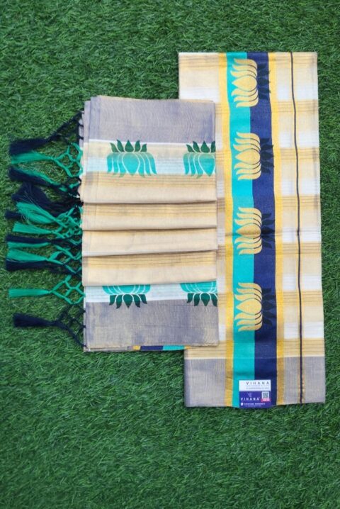 Traditional Tissue Cotton Set Mundu with Stripes and Lotus Design ...